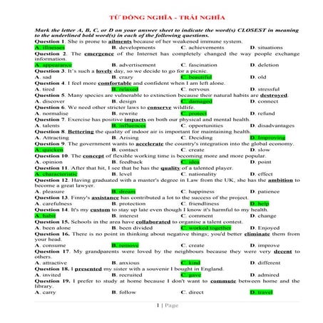 Đồng trái nghĩa - Từ cùng trường nghĩa thi HKII - Khôi 12.docx