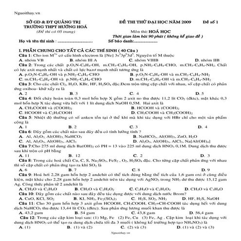 {Nguoithay.org} de thi thu mon hoa hoc so 1 tinh quang tri giai chi tiet | PDF