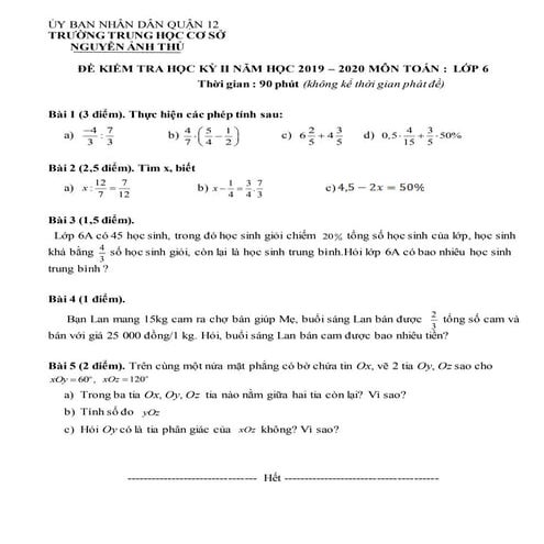 Đề Thi HK2 Toán 6 - THCS Nguyễn Ảnh Thủ | DOC