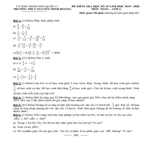 Đề Thi HK2 Toán 6 - THCS Nguyễn Minh Hoàng | DOCX