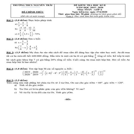 Đề Thi HK2 Toán 6 - THCS Nguyễn Trãi | DOCX