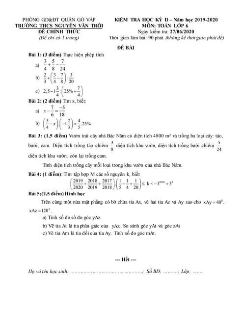 Đề Thi HK2 Toán 6 - THCS Văn Lang | PDF