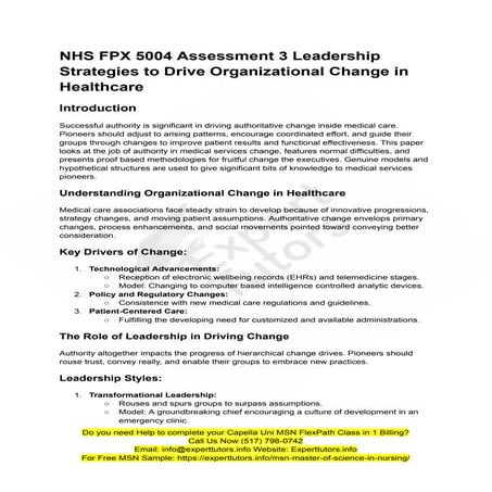 NHS FPX 5004 Assessment 3 Leadership Strategies to Drive Organizational ...