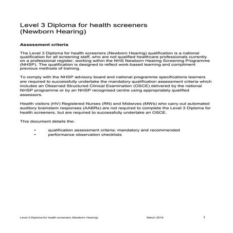 NHSP health screener diploma observation checklists March 2019 | PDF