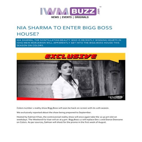 Nia sharma to enter bigg boss 12 house | PDF | Television | Entertainment