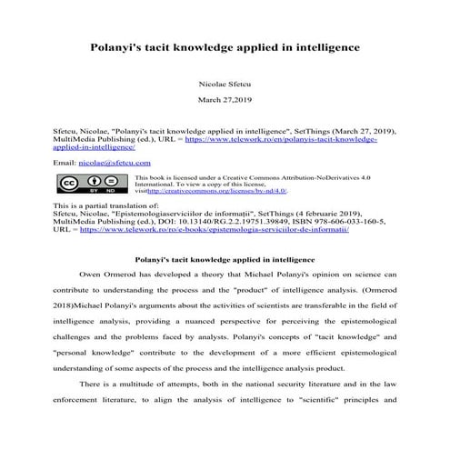 Polanyi's tacit knowledge applied in intelligence | PDF | Science
