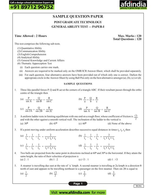 NIFT sample paper BFTech general ability test GAT. | PDF