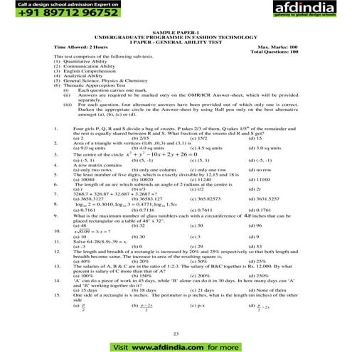 NIFT sample paper BFTech general ability test GAT. | PDF