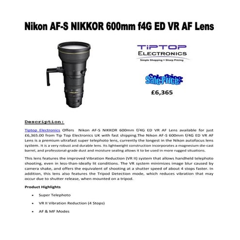 Nikon af s nikkor 600mm f4 g ed vr af lens | PDF | Cameras and Camcorders | Consumer Electronics