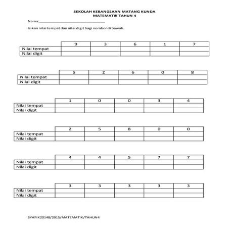 Cerakinkan nombor di bawah mengikut nilai digit.matematik thn 2 kssr | DOCX