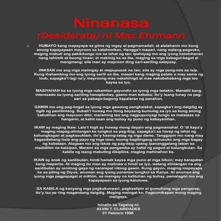 Ninanasa (Desiderata) ni Max Ehrmann (Salin sa Tagalog ni Alvin T ...