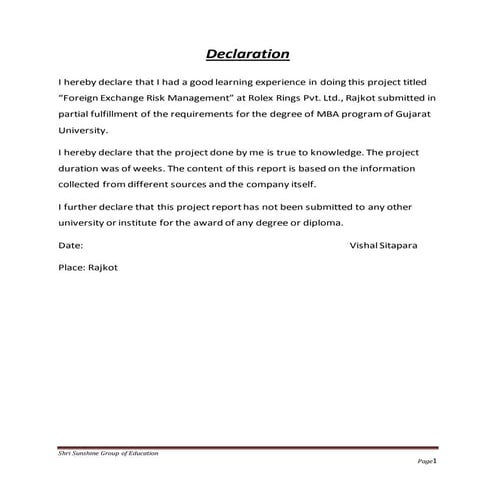 “Foreign Exchange Risk Management” at Rolex Rings Pvt. Ltd., Rajkot | DOCX