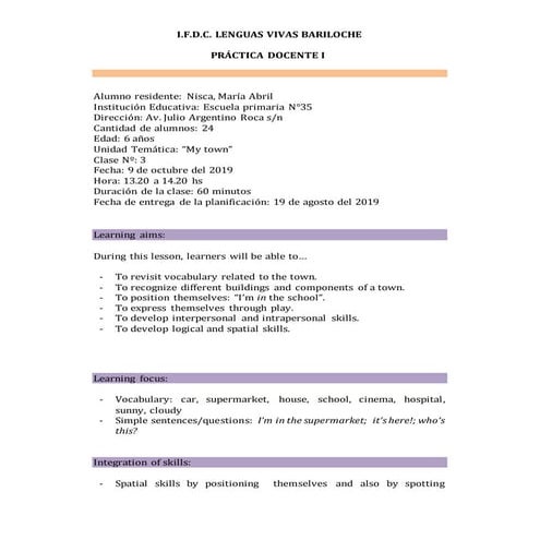 Nisca practica docente i - clase 3 | DOCX | Early Childhood Education | Education