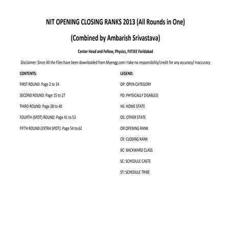 OPENING AND CLOSING RANKS FOR NITs 2013 (ALL ROUNDS IN ONE) | PPT