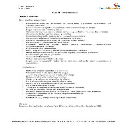 Curso nivel A1 español - Tenidiomas Jerez | PDF