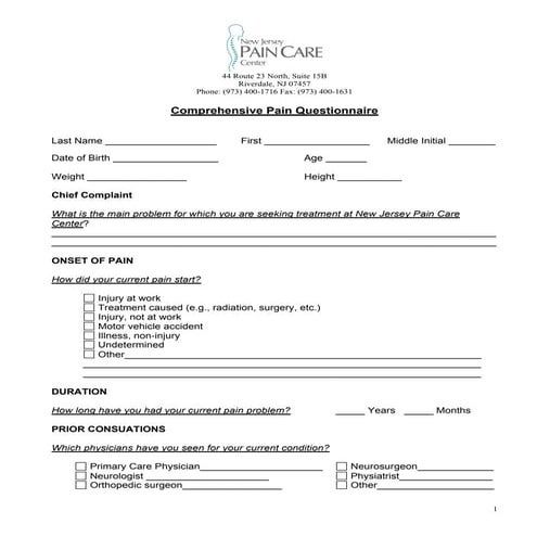 New Jersey Pain Care Center Pain Questionnaire | PDF