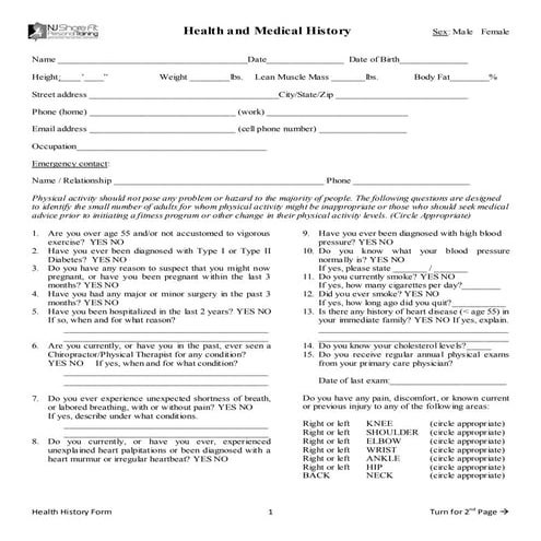 NJ Shore Fit Health History Forms | PDF
