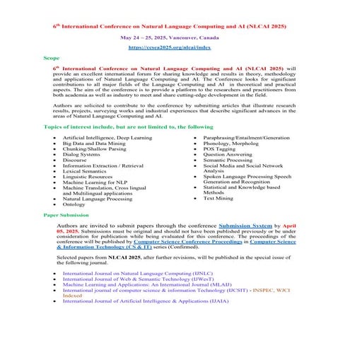 CFP - 6th International Conference on Natural Language Computing and AI (NLCAI 2025) | PDF