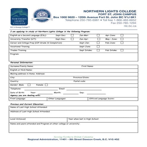 Northern Lights College Nlc international student application general | PDF