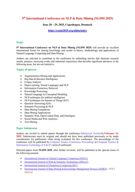 CFP - 5th International Conference on NLP & Text Mining (NLTM 2025) | PDF