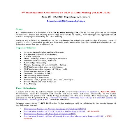 Call For Papers - 5th International Conference on NLP & Data Mining (NLDM 2025) | PDF