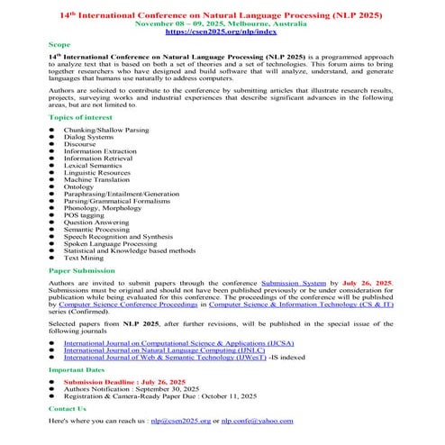 14th International Conference on Natural Language Processing (NLP 2025) | PDF