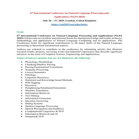 CFP : 6 th International Conference on Natural Language Processing and Applications (NLPA 2025 ...