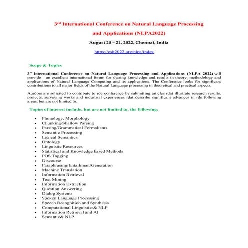 3rd International Conference on Natural Language Processing and Applications (NLPA 2022) | PDF