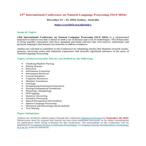 13th International Conference on Natural Language Processing (NLP 2024 ...