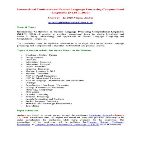 International Conference on Natural Language Processing Computational Linguistics (NLPCL 2020) | PDF