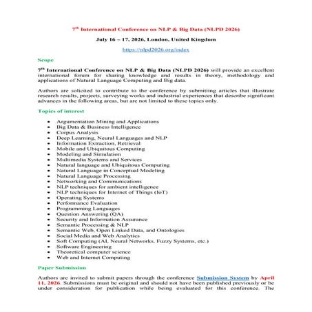 Call for Papers: 7th International Conference on NLP & Big Data (NLPD ...