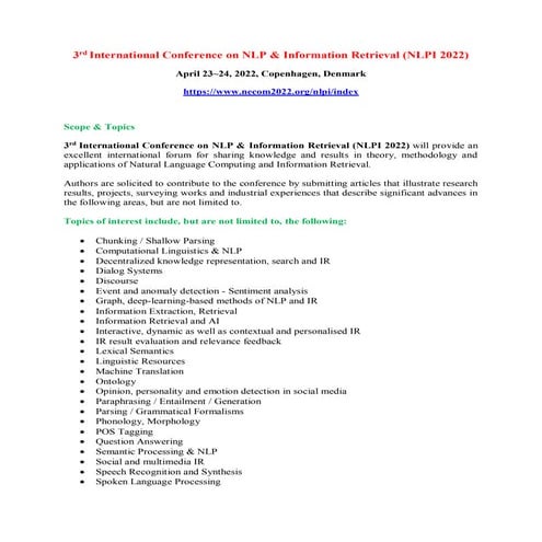 3rd International Conference on NLP & Information Retrieval (NLPI 2022) | PDF | Artificial ...