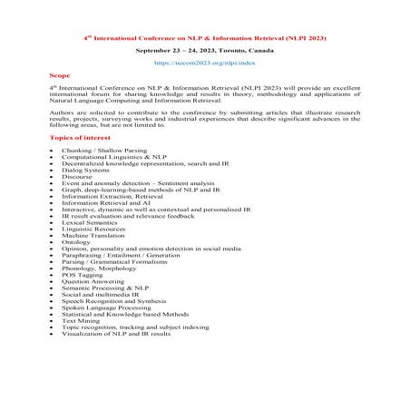 4 th International Conference on NLP & Information Retrieval (NLPI 2023) | PDF | Artificial ...