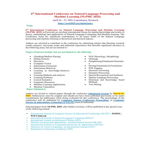 CFP: 6th International Conference on Natural Language Processing and Machine Learning (NLPML ...