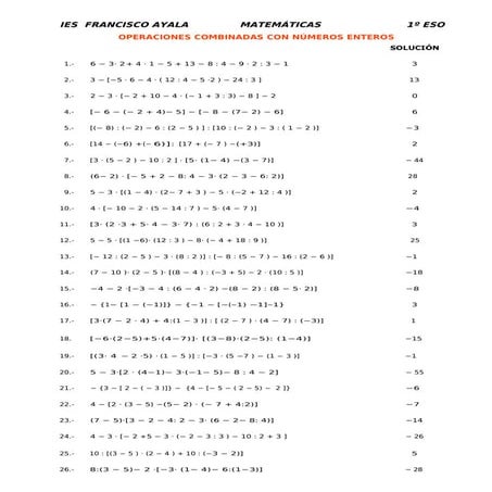 EJERCICIOS DE OPERACIONES COMBINADAS CON NÚMEROS ENTEROS | PDF