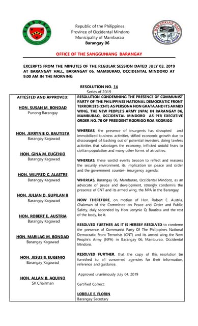 BRGY. 6 RESOLUTION NO. 30 Series of 2019 BARANGAY PEACE AND ORDER ...
