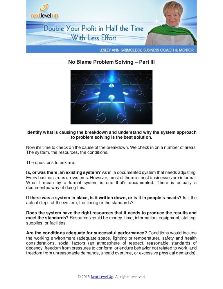 No Blame Problem Solving – Part III No Blame Problem Solving – Part III