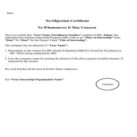 No Objection Certificate FORMAT for IBSAF Award | PDF