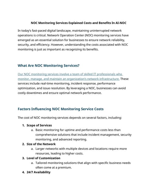 Understanding NOC Monitoring Services with Costs and Benefits in AI-NOC.docx | Computer ...