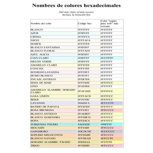 Nombres de colores hexadecimales | DOCX