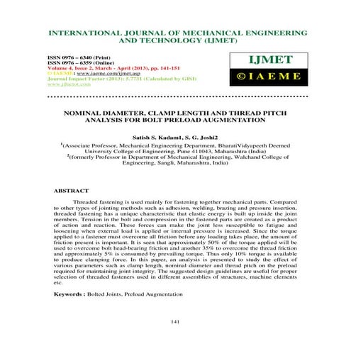 Nominal diameter, clamp length and thread pitch analysis for bolt ...