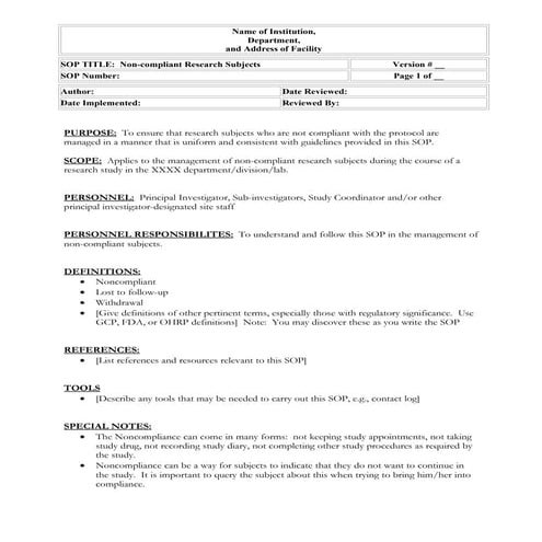 SOP - Managing Non-Compliant Research Participants: Developing ...