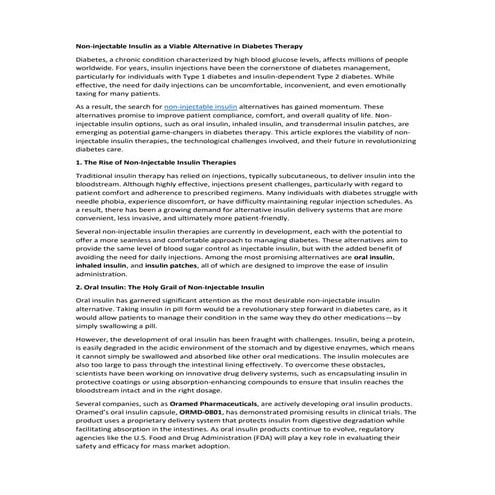 Non-injectable Insulin as a Viable Alternative in Diabetes Therapy | PDF