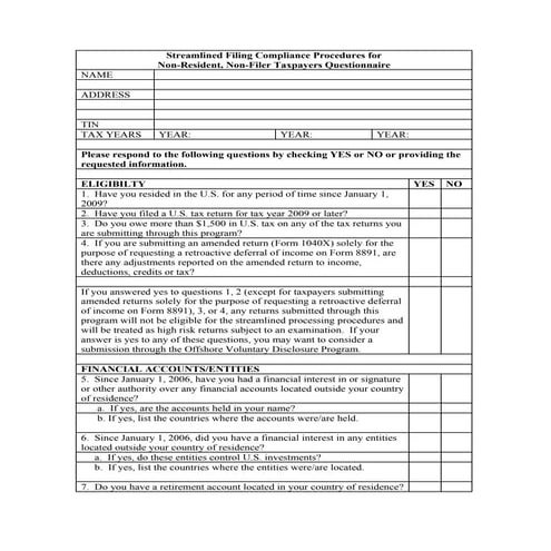 Non Resident questionnaire | PDF