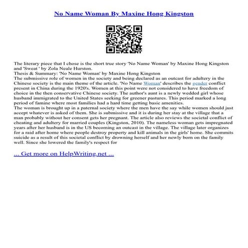 No Name Woman By Maxine Hong Kingston | PDF