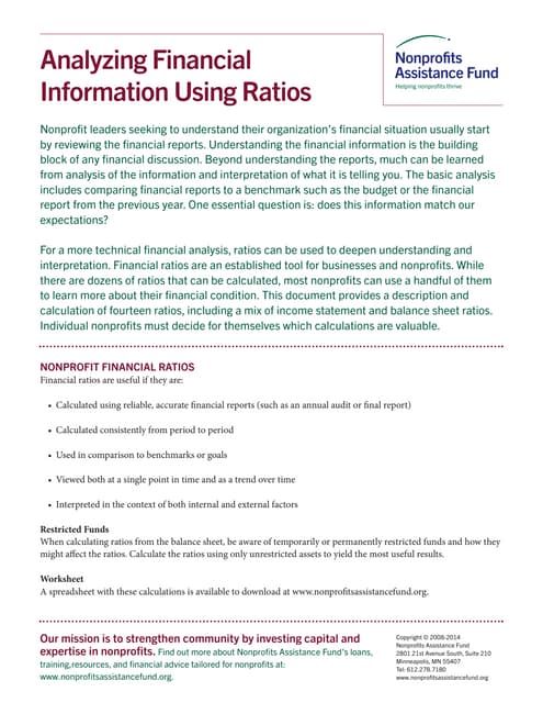 Assessment of risk using financial ratios in non profit organisations | PDF