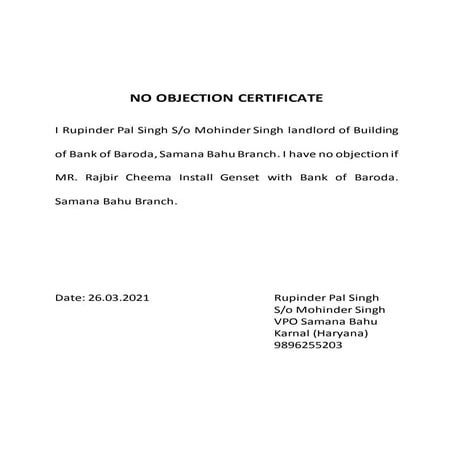 No objection certificate | DOCX | Consumer Banking | Personal Finance