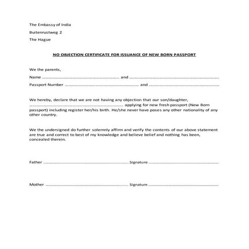No objection certificate (NOC) for issuance of newborn passport - India NRI Netherlands | PDF