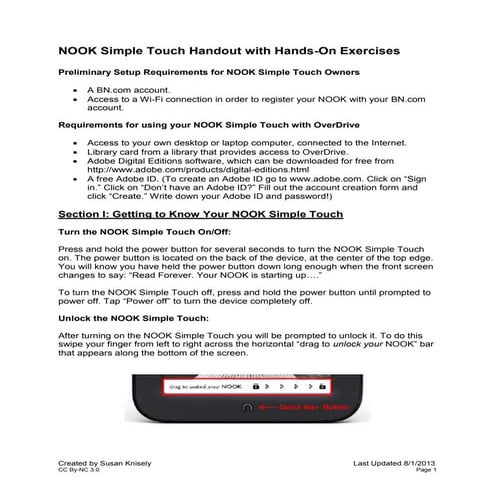 Nook Simple Touch Handout with Hands-On Exercises | DOCX