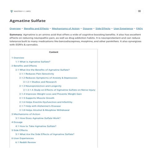 Agmatine Sulfate: Benefits, Dosage, Side Effects, FAQs - Research by Nootropics Information | PDF